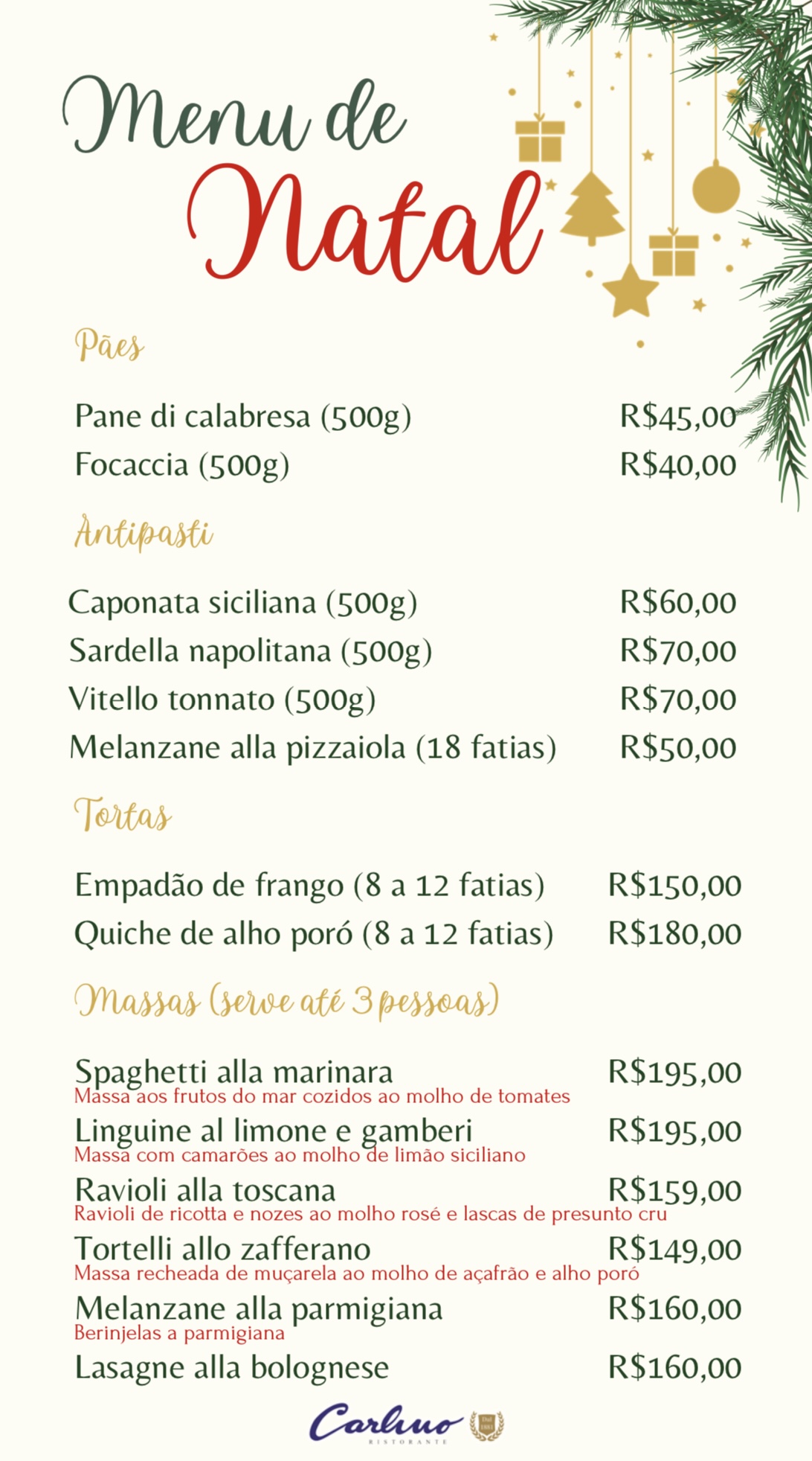 Menu de Natal - Carlino Ristorante